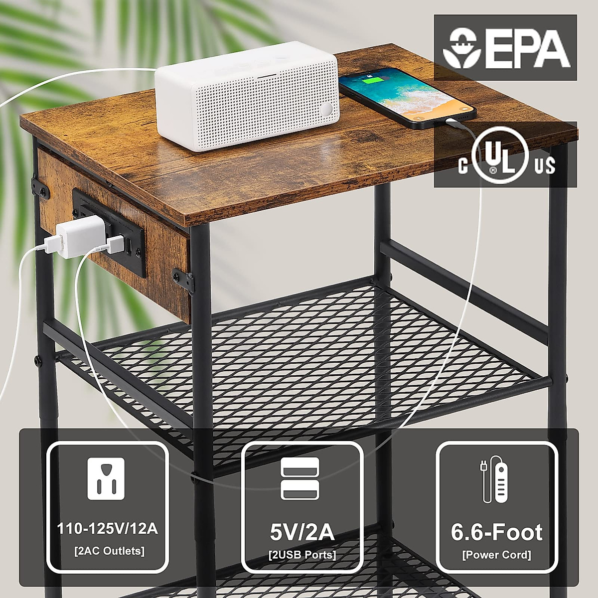 SEHERTIWY Nightstand with Charging Station, Nightstands Set of 2, Side Tables Living Room, Bed Side Table/Night Stand, 3-Tier End Tables with USB Ports and Power Outlets