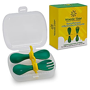 Woozle Time - Toddler Fork and Spoon - First Feeding - Training Utensils - Anti-Choke Utensils - Baby Self Feeding Spoon and Fork, Green/Yellow