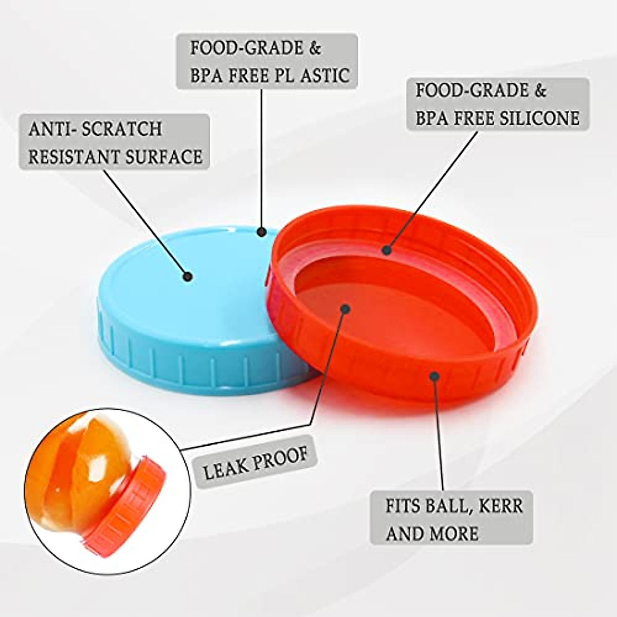 24 Pack Canning Lids Regular Mouth - Plastic Mason Jar Lids with Silicone Seals Rings Fits Ball/Kerr Jars, Leak-Proof & Anti-Scratch Resistant Surface, 8 Colors