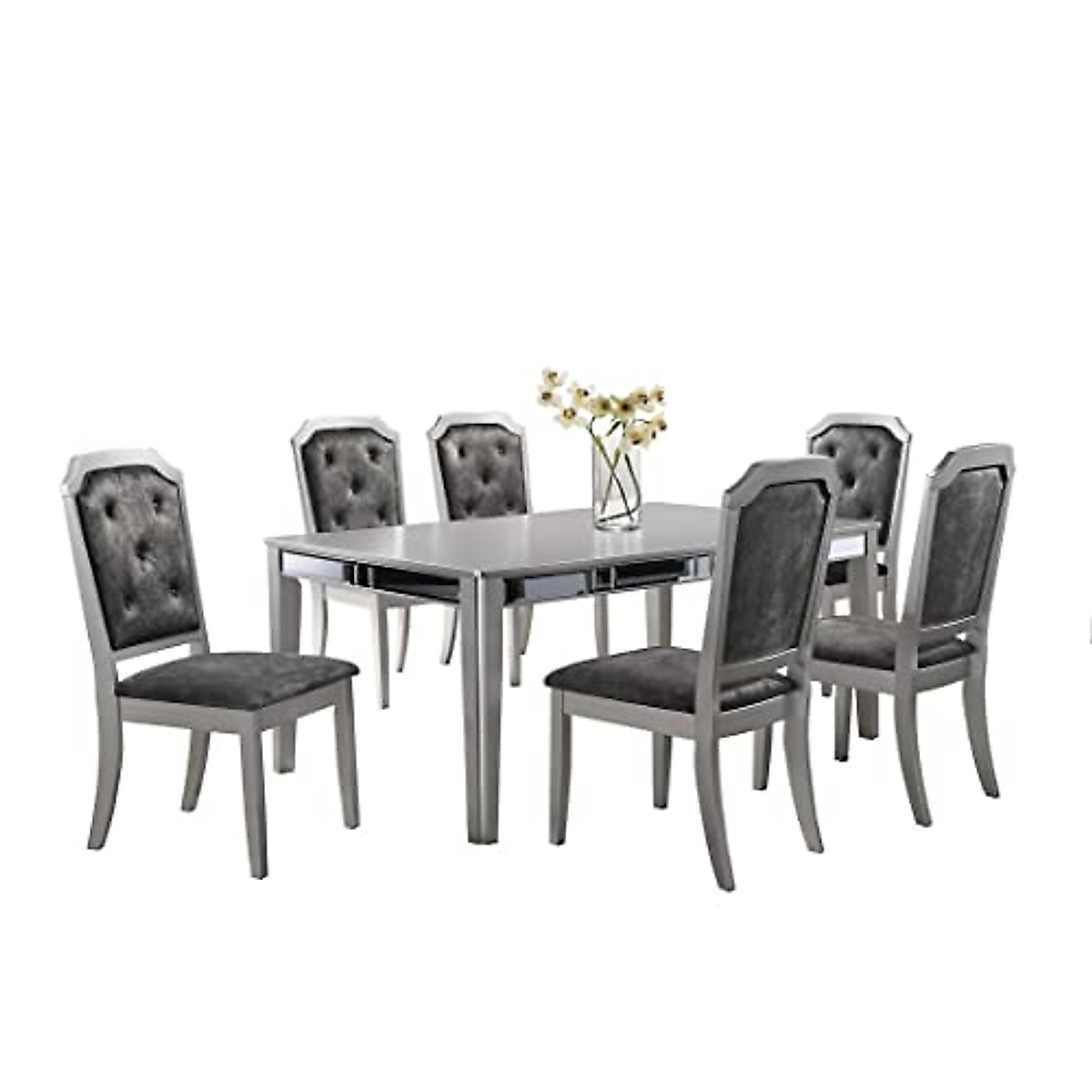 Liveasy Furniture Dining Table Set for 6, Kitchen & Dining Room Sets with Button Tufted Upholstered Chairs and Mirror Tile Edge (Silver/Grey)