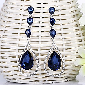 EVER FAITH Austrian Crystal Bridal Hollow-out Teardrop Pierced Dangle Earrings Blue Silver-Tone