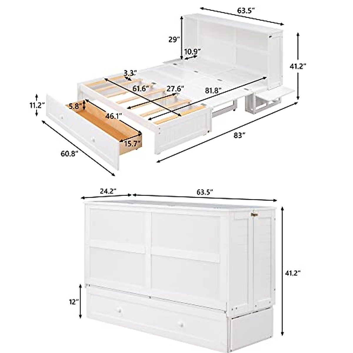 NCKMYB Queen Size Murphy Bed Cabinet, Wood Murphy Bed with Drawer Convert into 63'' Wide Cube Cabinet, for Home Office or Small Room