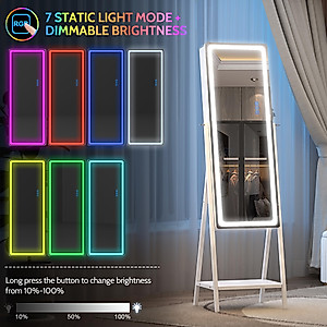 LVSOMT RGB LED Jewelry Mirror Cabinet, Standing Jewelry Armoire Organizer, Stand Up Full-Length Mirror with Jewelry Storage, LED Lighted Floor Mirror, 14 Lights + Dimmable + Adjustable Speed, White