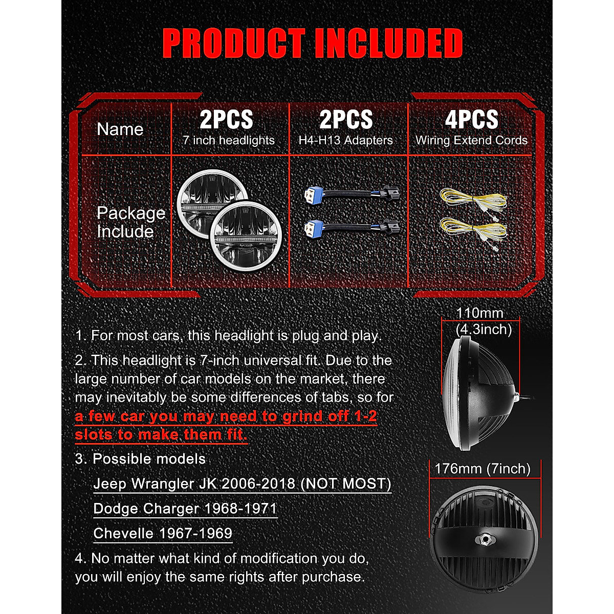 UNI-SHINE 7 inch led headlight, 7" round LED Headlights H6024 led Headlight White Halo Headlight Running Amber Turn Signal Seal Beam Compatible with Jeep Wrangler JK TJ JL CJ