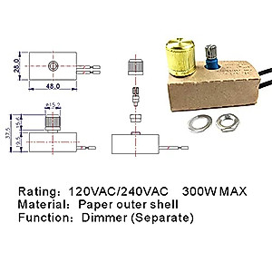 Rhinenet Zing Ear ZE-03 Full Range Inline Table Lamp LED Dimmer Switch Incandescent Light Rotary Replacement Combo Kit 120VAC/240VAC 300W Watt MAX Paper Outer Shell (Brass) Easy to Install