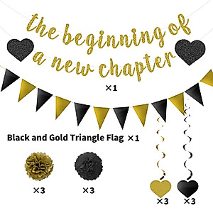 The Beginning of a New Chapter Banner Funny Going Away Party Graduation Happy Retirement Party Decorations Supplies Glitter Black Gold Goodbye Farewell Party Decoration for Coworker Friends Graduates