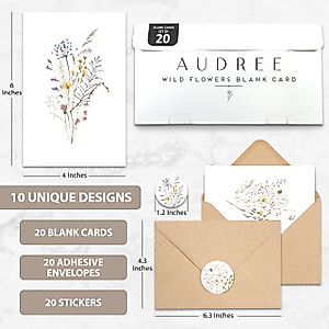 AUDREE 20 Pack Blank Cards and Envelopes 4x6 - Watercolor Wildflowers Blank Greeting Cards with Envelopes and Matching Sticker - Blank Note Cards and Envelopes for All Occasions