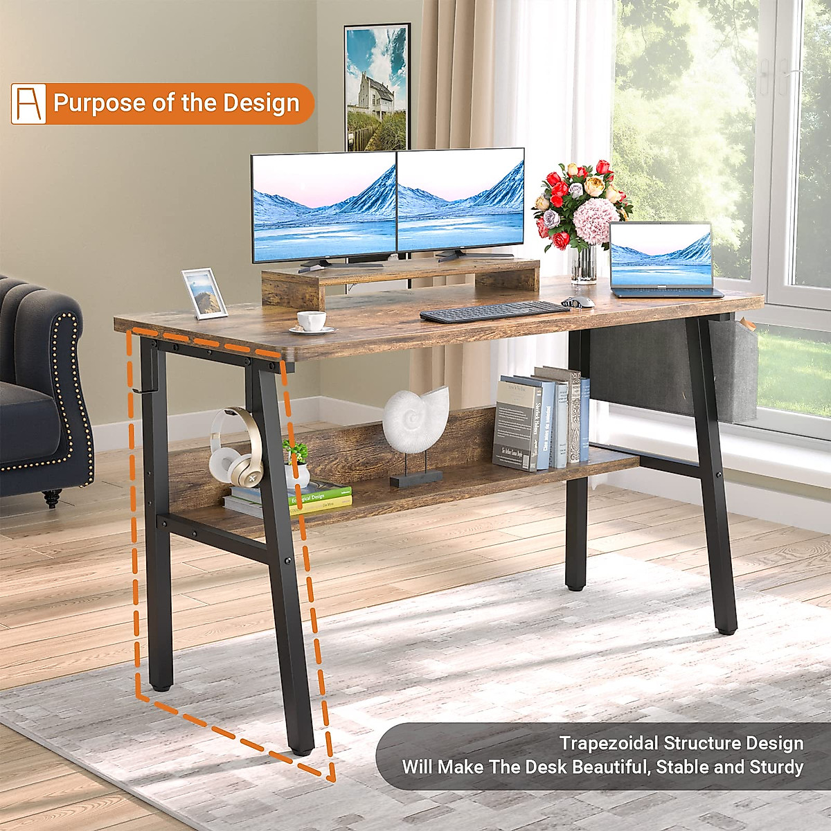 55 Inch Computer Desk, Desk with Monitor Stand, 55.2'' Office Laptop Table with Bookshelves, Study Writing Desk with Storage Bag and Hooks, Sturdy Desk for Home Office Workstation, Rustic