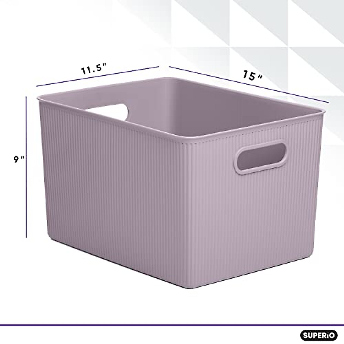 Superio Decorative Plastic Open Home Storage Bins Organizer Baskets, White & Lilac (Set of 2) 2 X-Large - Container Boxes for Organizing Closet Shelves Drawer Shelf - Ribbed Collection