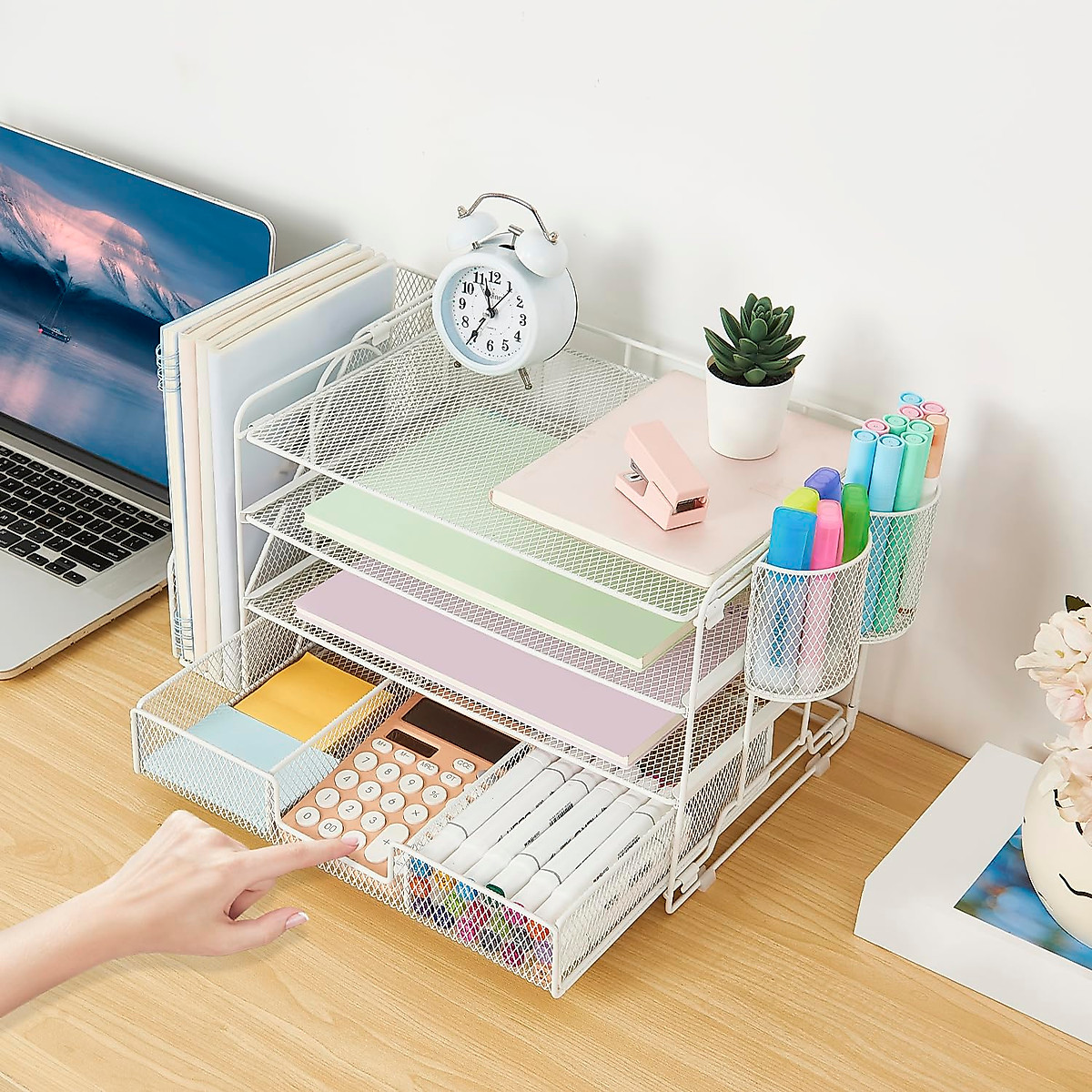 ORDROLL Desk Paper Organizers and Accessories - 4-Tier Paper Letter Tray Organizer with File Holder,Drawer and 2 Pen Holders,Desk Accessories & Workspace Organizers for Office,School,Home(White)