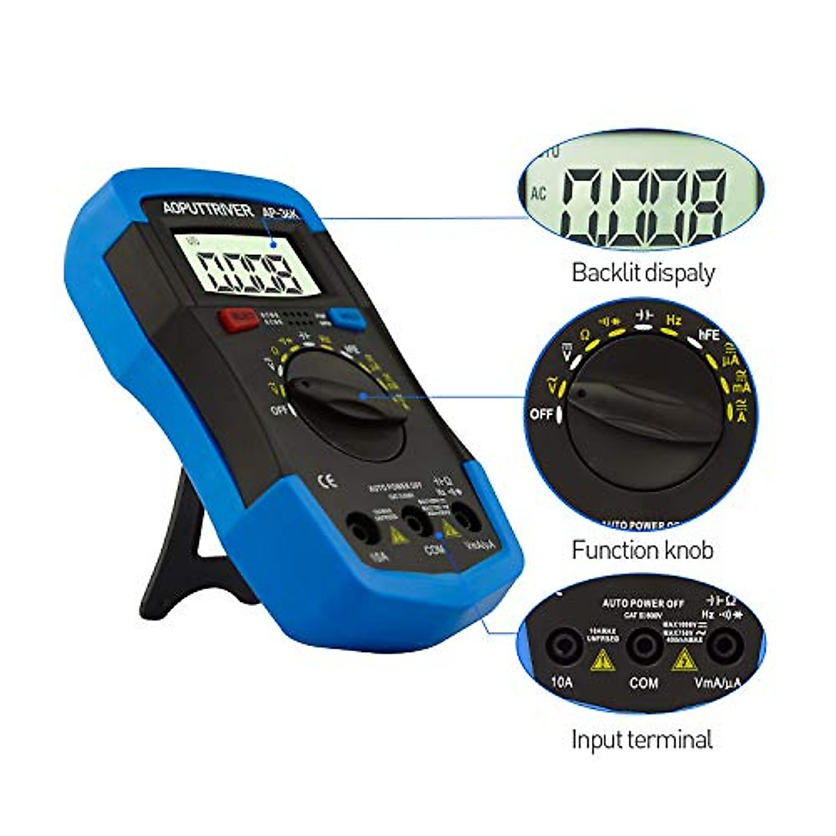 Digital Multimeter AP-36K 4000 Counts multimeter for Voltmeter Ammeter Ohmmeter with Test Leads Data Hold and Backlight LCD for DC/AC Resistance Diodes Transistor Buzzer Continuity