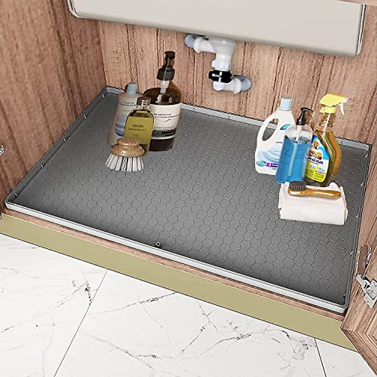 Under Sink Mat Tray,34" x 22" Silicone Under Sink Mat for Kitchen Cabinet,Waterproof Shelf Liner with Drain Hole,Kitchen Bathroom Cabinet Mat for Leaks, Drips, Spills (Grey)