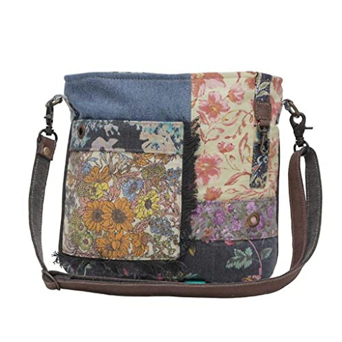 Western Leather Shoulder Bag for Women - Upcycled Canvas Crossbody Bag Le Fleur Blu