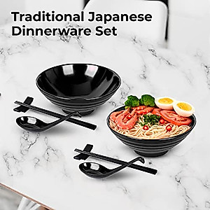 ANNIE'S KITCHEN Japanese Ramen Bowl Set Naruto Ramen Bowl with Chopsticks- Melamine Dinnerware Set. 33oz Ramen Noodle Bowls, Asian Soup Spoon, Japanese Chopsticks, Stands. 8 Piece Set for 2