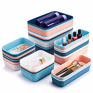 60 Pcs Plastic Desk Drawer Organizers 3 Size Large Vanity Office Drawer Organizers Stackable Drawer Dividers Cosmetic Trays Plastic Storage Bins Shallow for Makeup Bathroom Office Kitchen, 4 Colors