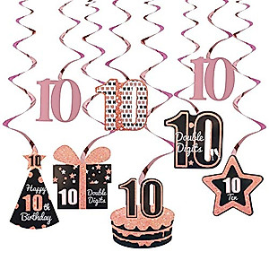 Excelloon 10th Birthday Decorations Supplies for Girls, Rose Gold 8Pcs Hanging Swirls, Happy 10 Year Old Birthday Cake Hat Present Star Party Decor, Ten Year Old Birthday Decorations