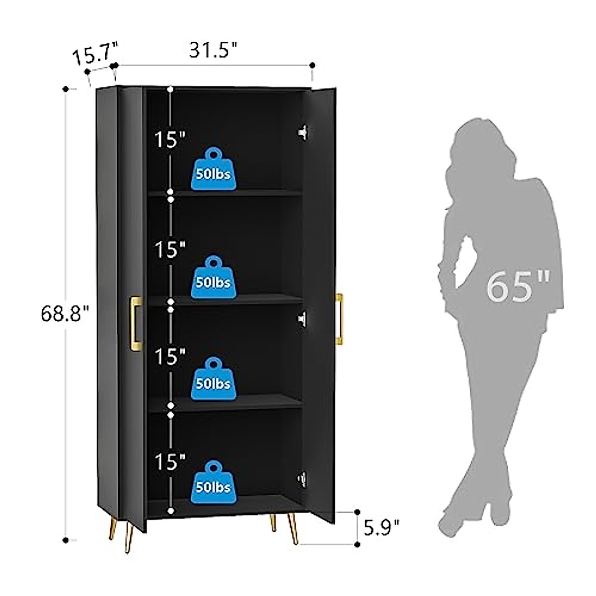 NOVAMAISON 69” Tall Storage Cabinet - Black Storage Cabinet w/ 2 Doors and Adjustable Shelves, Freestanding Kitchen Pantry w/Gold Handles and Legs, Wooden Wardrobe Cabinet for Bedroom, Laundry