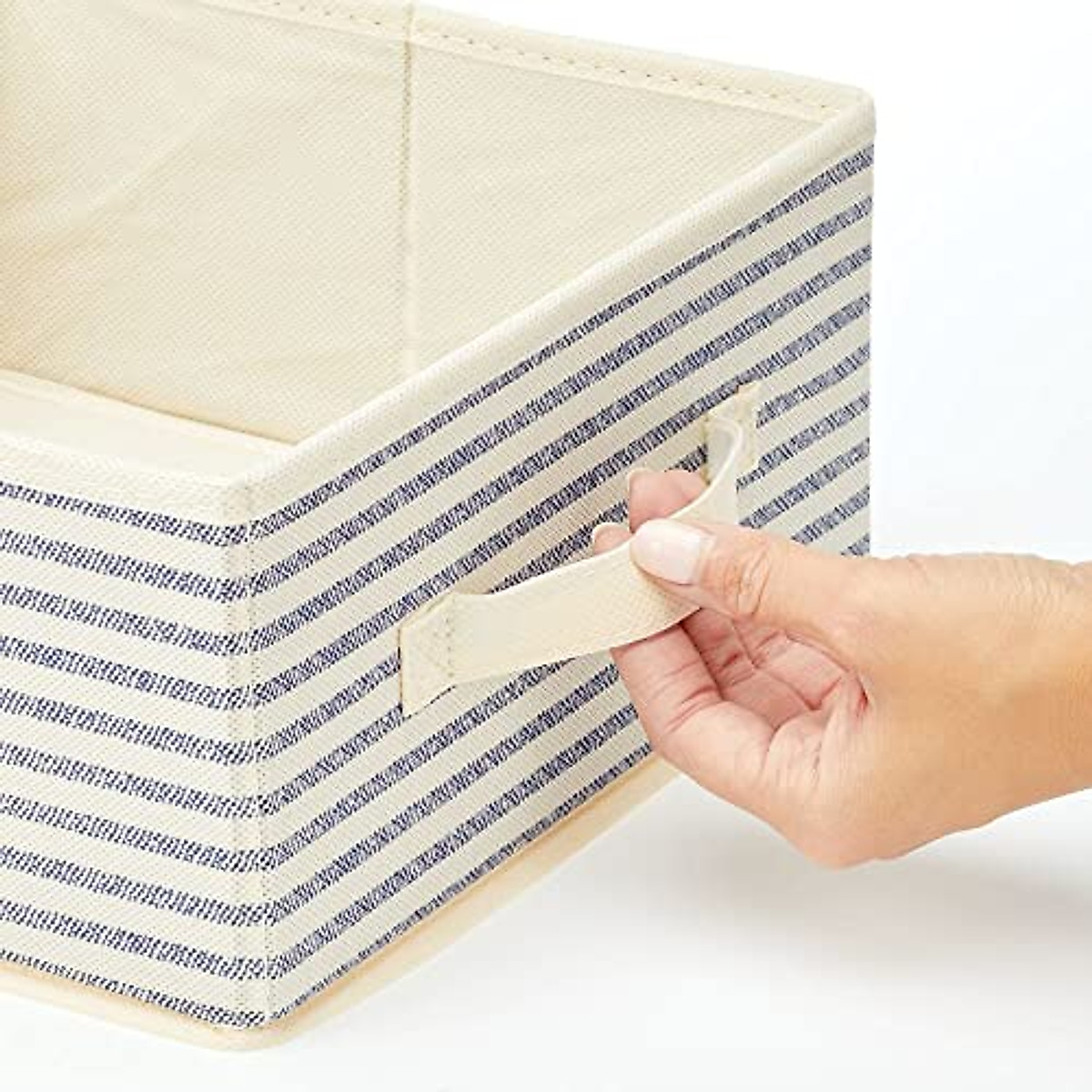 mDesign Soft Fabric Closet Organizer Box with Front Pull Handle for Shelves in Bedroom, Bathroom, Home Office - Holds Clothing, Linens, Accessories, Lido Collection, 4 Pack, Natural/Cobalt Blue Stripe