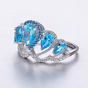 Merthus 6x8mm Pear Cut Simulated Blue Topaz 925 Sterling Silver Princess Tiara Crown Ring for Women Size 7