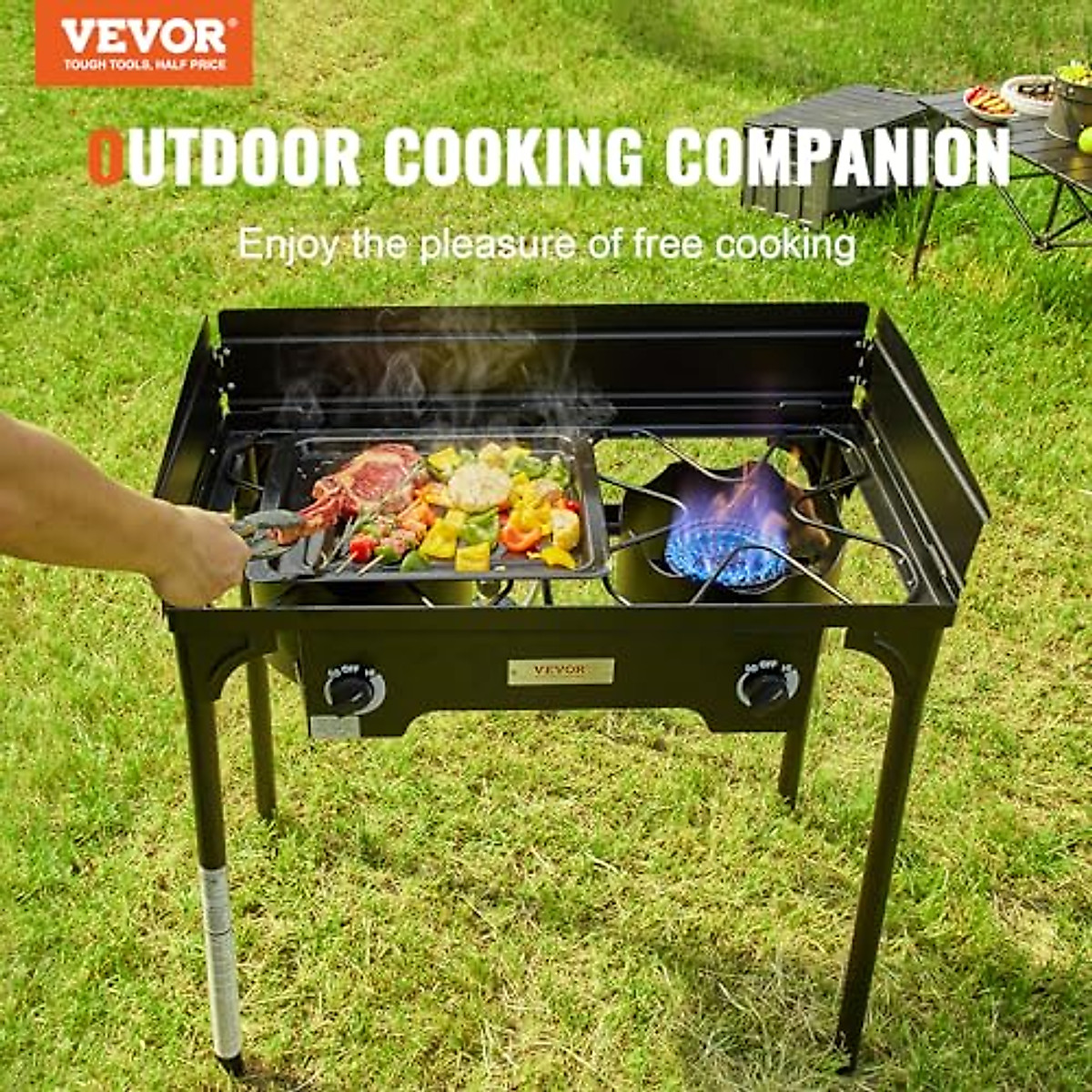 VEVOR Outdoor Propane Burner, 2 Burner Propane Stove with Windscreen, Heavy Duty Gas Cooker w/Detachable Legs Stand & Adjustable PSI Regulator, Propane Burners for Outdoor Cooking