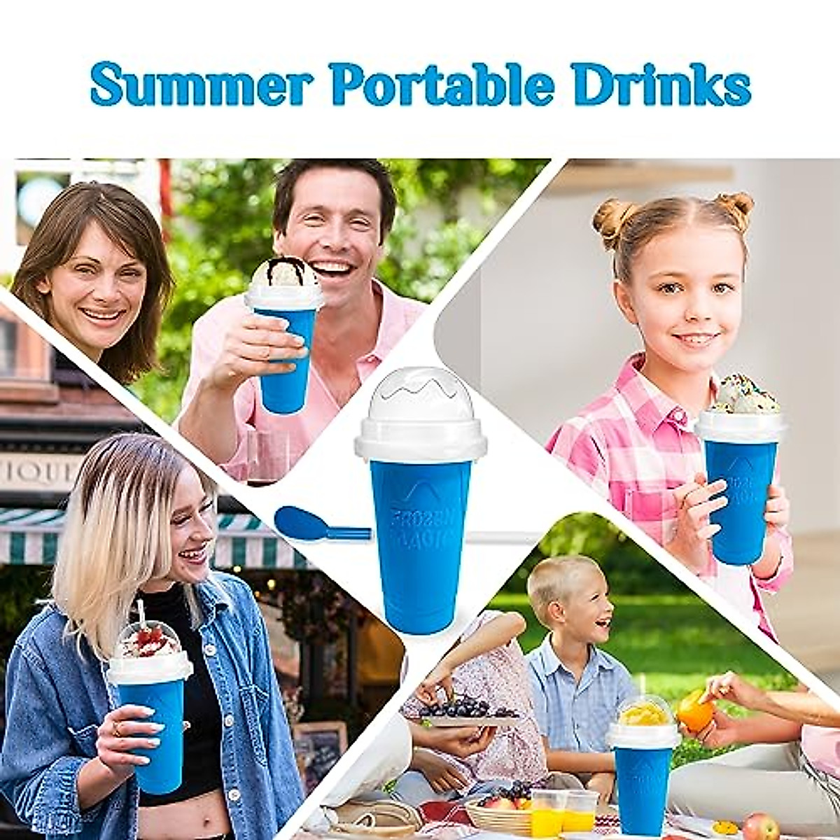 Slushy Maker Cup, DIY Magic Slushy Maker Squeeze Cup, Portable Smoothie Squeeze Cup for Juices, Milk and Ice Cream Make, Double Layers Silica Cup with Lid & Straw for Kids, Friends, Family (Blue)