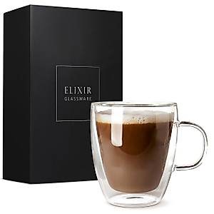 ELIXIR GLASSWARE Large Double Wall Coffee Mug 16 oz - Double Wall Glass 1 pack - Insulated Coffee Mug with Handle (16 oz)