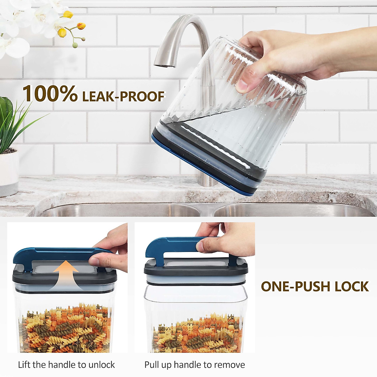 LINKLIFE Flip-Lock Airtight Food Storage Containers 6-PC (0.6 Qt*2+1.6 Qt*3+3.4 Qt),Leakproof Ring Seal Top,Anti-Slip Pantry Canister for Flour Sugar,Coffee,Dog Food Treat,Rectangle Black