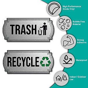 Recycle and Trash Stickers for Trash Cans - Stainless Steel Style Vinyl Recycling Bin Labels - 2 Pack - 6.5" by 3" Decals Logo - Waste Signs for Home Kitchen or Office Bins Indoor/Outdoor Use