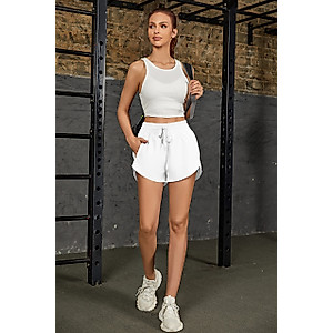 BMJL Women's Running Shorts High Waisted Athletic Shorts Summer Gym Workout Short with Zipper Pockets(S,White)