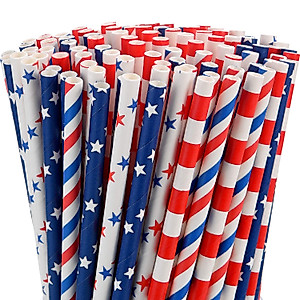 200 Pieces American Flag Paper Straws Patriotic Paper Straws Red Blue Paper Drinking Straws for Independence Day Memorial Day July 4th Celebration Supplies