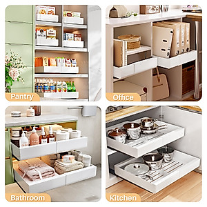 Expandable Pull out Cabinet Organizer -21" Deep Adhesive Slide out Shelf, 1PC Adjustable Sliding Peel and Stick Pull Out Drawers No Drill Roll Out Shelf for Home Bathroom Pantry Base Organization