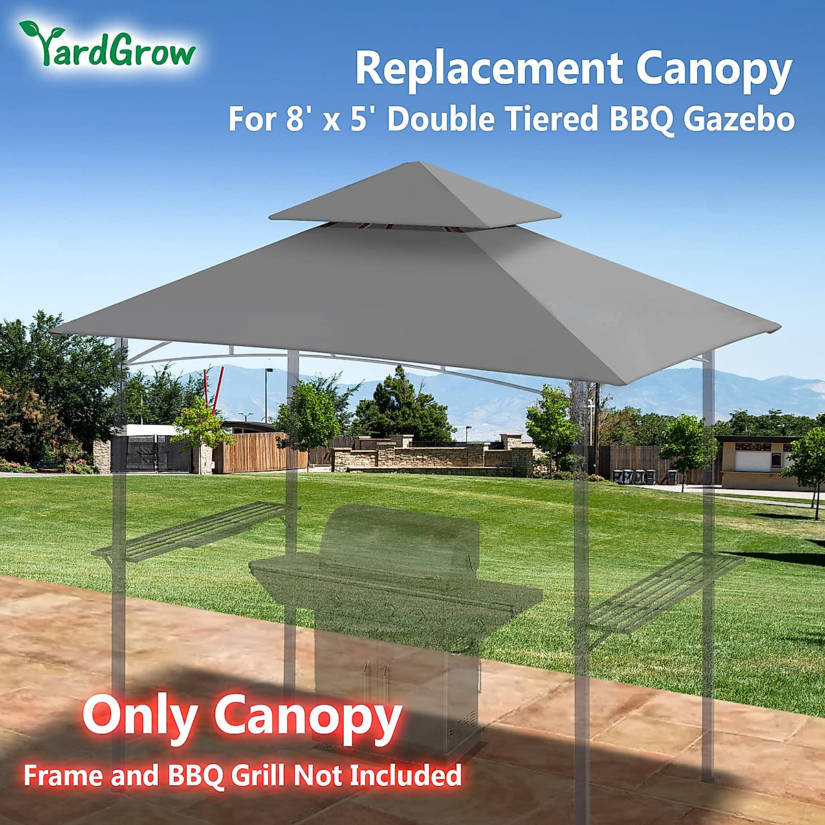 YardGrow 5x8FT BBQ Grill Gazebo Replacement Canopy Roof Double Tiered Outdoor Grill Shelter Canopy Top (Grey)