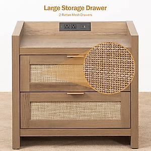 SICOTAS Night Stand Set of 2 - Rattan Nightstands with Type-C Charging Station, 2 Rattan Drawers - Boho Wood Bed Side End Table for Small Space - Natural Oak
