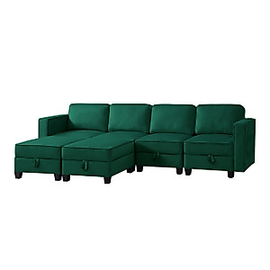 Lepfun 116'' Modular Sectional, U-Shaped Velvet, Minimalist Convertible Modern 6-Seat Couch with Chaise Ottomans Living Room Sofa Sets for Office Apartment (Green)