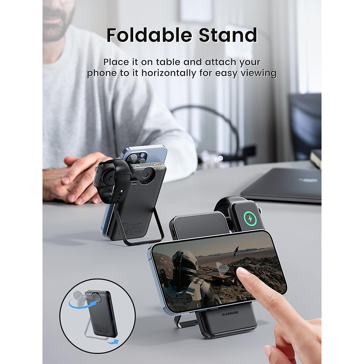 Marnana Magnetic Wireless Power Bank with Apple Watch Charger, 10000mAh Fast Charging Portable Charger Battery Pack w/Foldable Stand for MagSafe iPhone 12/13/14/15 Series & Apple Watch - Black