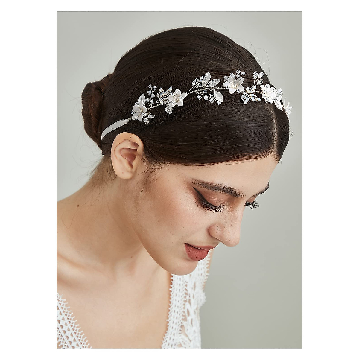 SWEETV Handmade Bridal Headband Silver Wedding Hair Accessories for Brides Hair Pieces Floral Wedding Headpieces for Flower Girl Bridesmaid
