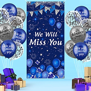 Blue Silver We Will Miss You Decorations Navy Blue We Will Miss You Door Cover Banner and 18pcs We Will Miss You Balloons for Men Women Retirement Graduation Going Away Farewell Party Decor Supplies