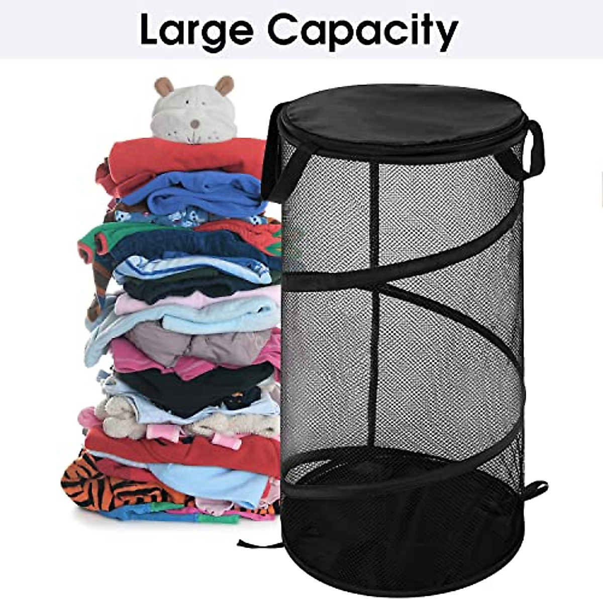 BATTOO Large Collapsible Laundry Basket with Lid Foldable Mesh Pop Up Hamper with Handles for Laundry Room, Bathroom, Kids Room, College Dorm, Travel, Storage Organizer Black