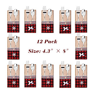 Vanteriam Natural Burlap Cutlery Holder Pouch Bags with Lace Trim, Knife and Fork Silverware Hold Bag, Christmas Utensil Holder Table Decoration for Christmas and Wedding Party 12 Pack