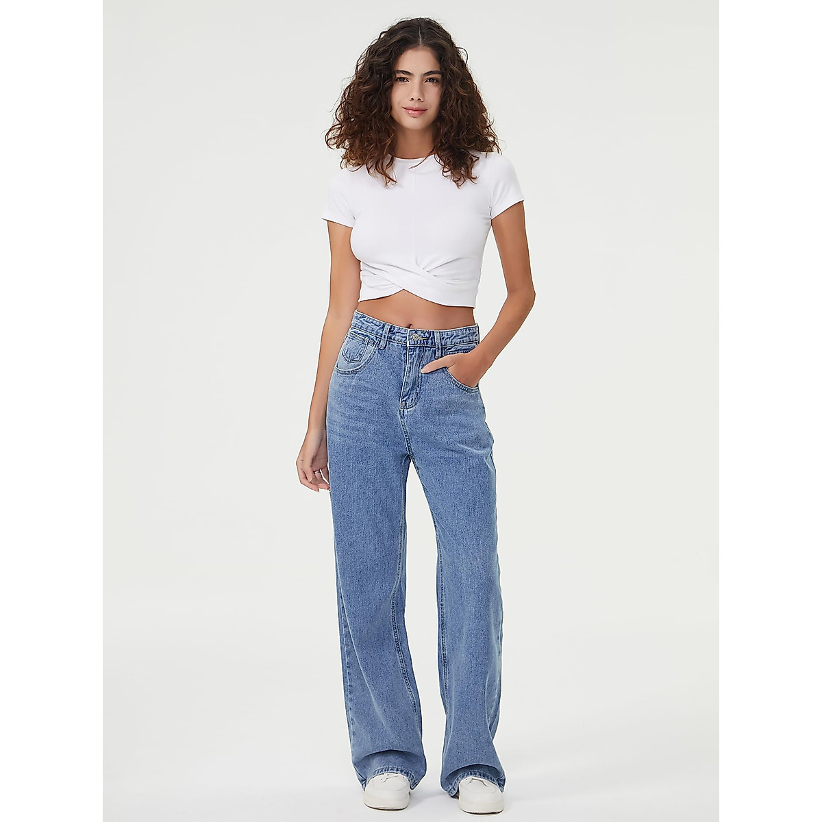 HDLTE Women Wide Leg Jeans High Waist Baggy Jeans Loose Boyfriend Jeans Denim Pants Y2K Light Blue