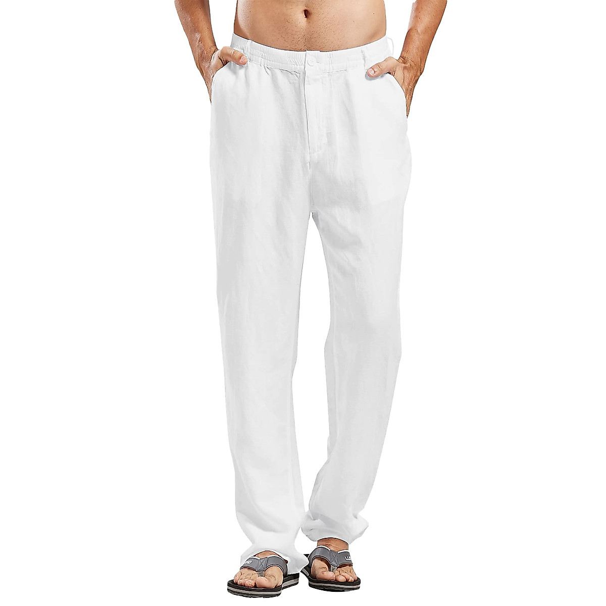 PASLTER Men's Linen Pants Elastic Waist Straight Leg Loose Fit Lightweight Yoga Casual Beach Trousers with Pockets White
