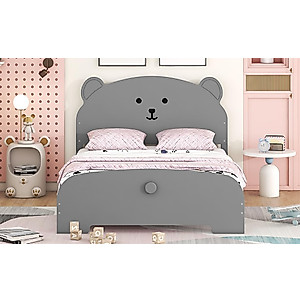 Quarte Cute Full Size Platform Bed with Bear-Shaped Headboard and Footboard, Wooden Bed Frame for Bedroom,No Box Spring Required (Gray/Bear*W)