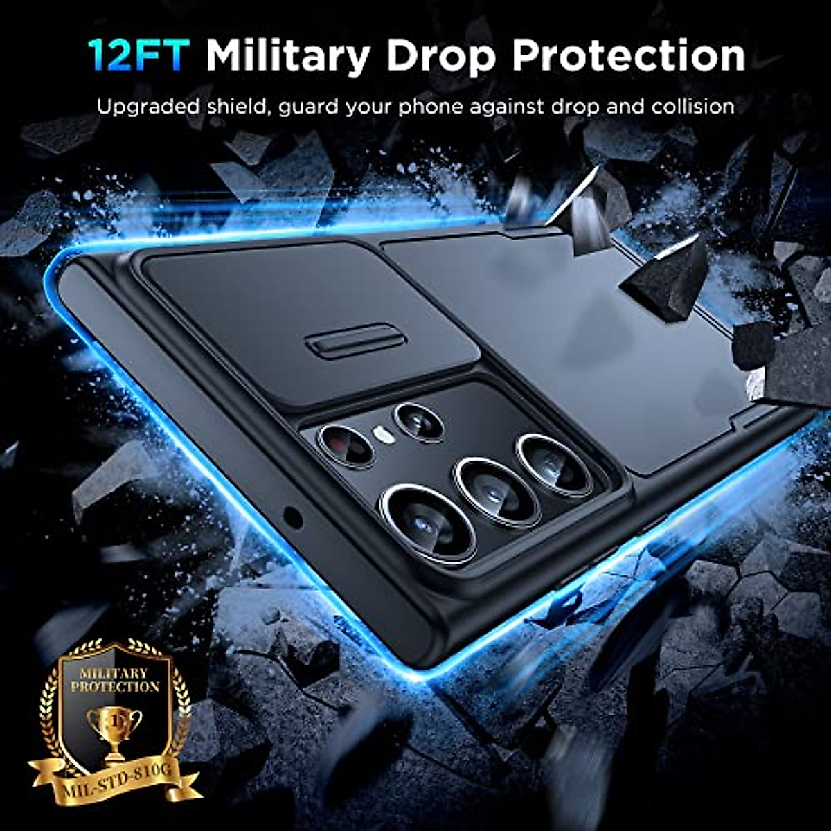 Simtect for Samsung Galaxy S23 Ultra Case with Camera Cover, [Military Drop Protection] [Snug Touch], Slim Protective Hard Back and Soft Edge Phone Case for Galaxy S23 Ultra Case 6.8 Inch- Black