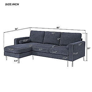 HAUSHECK L-Shaped Convertible Sectional Couch with Reversible Chaise Lounge,Chenille Fabric, Comfortable Cushions, Metal Leg, 2 Pillows Included, Mid-Century Modern Sofa for Living Room, Small Space