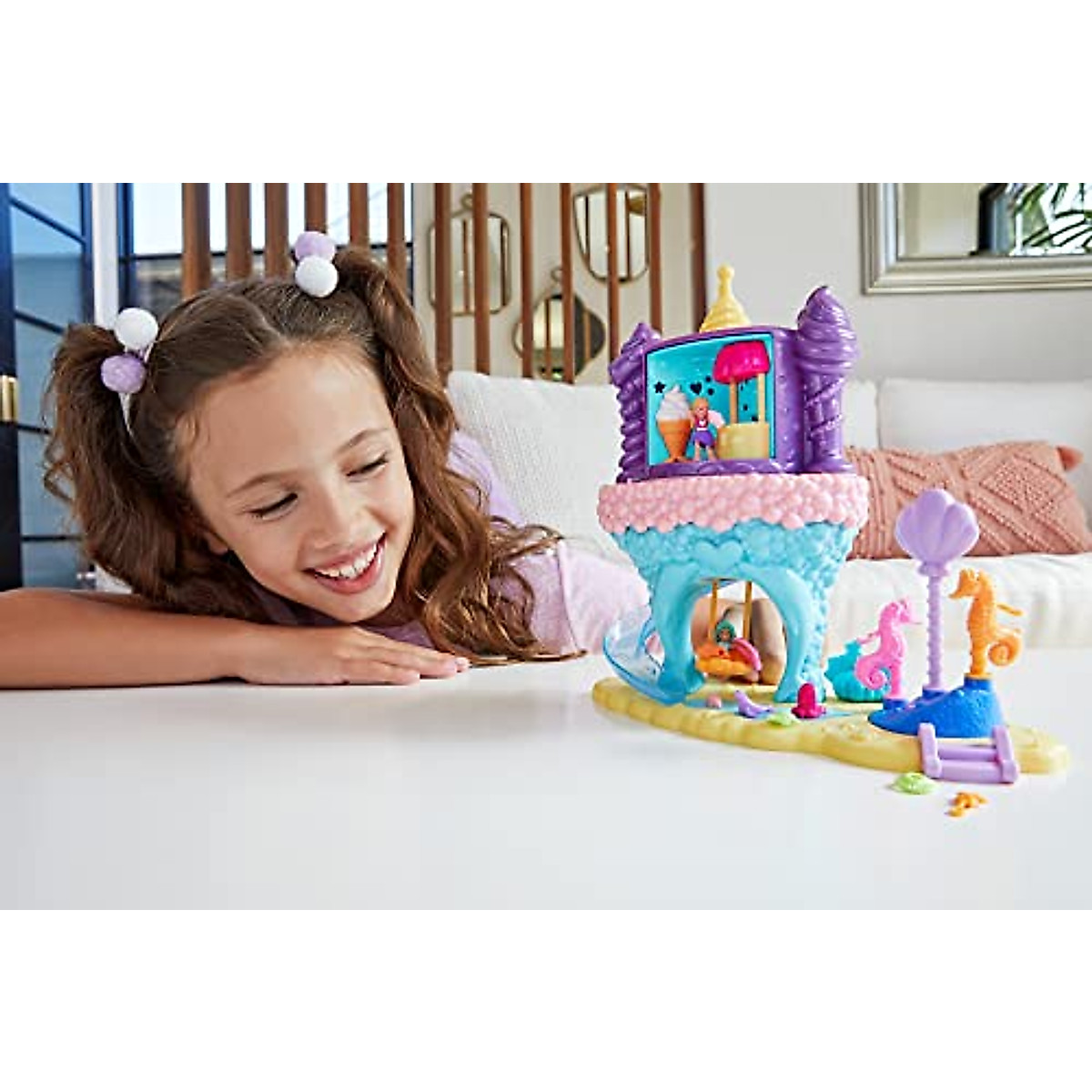 Polly Pocket Rainbow Funland Mermaid Cove Ride Playset, Polly & Mermaid Dolls, Accessories, Dispenser Feature for Surprises, Great Gift for Ages 4 & Up