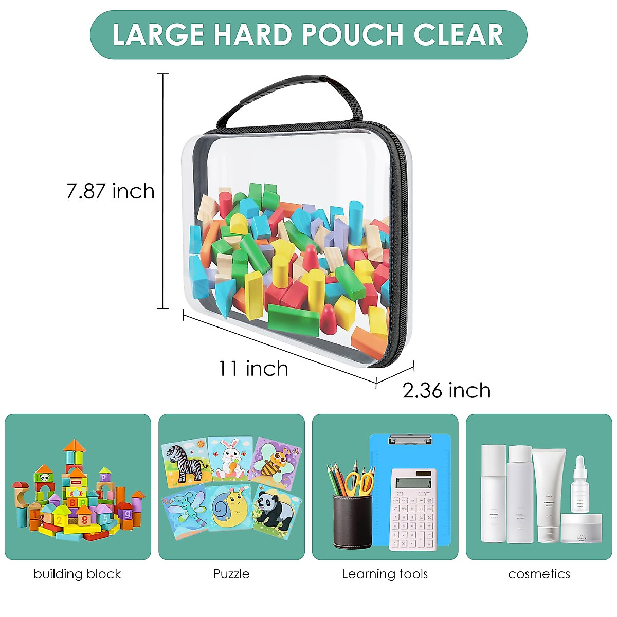 QAVABIN Clear Hard Zipper Pouch, Bliss Zippered Storage Bins, Waterproof PVC Shell Travelling Bags, Storage for Board Games, Building Blocks, Puzzles, Kids Books with Handle, Plastic Organizing, 2Pc