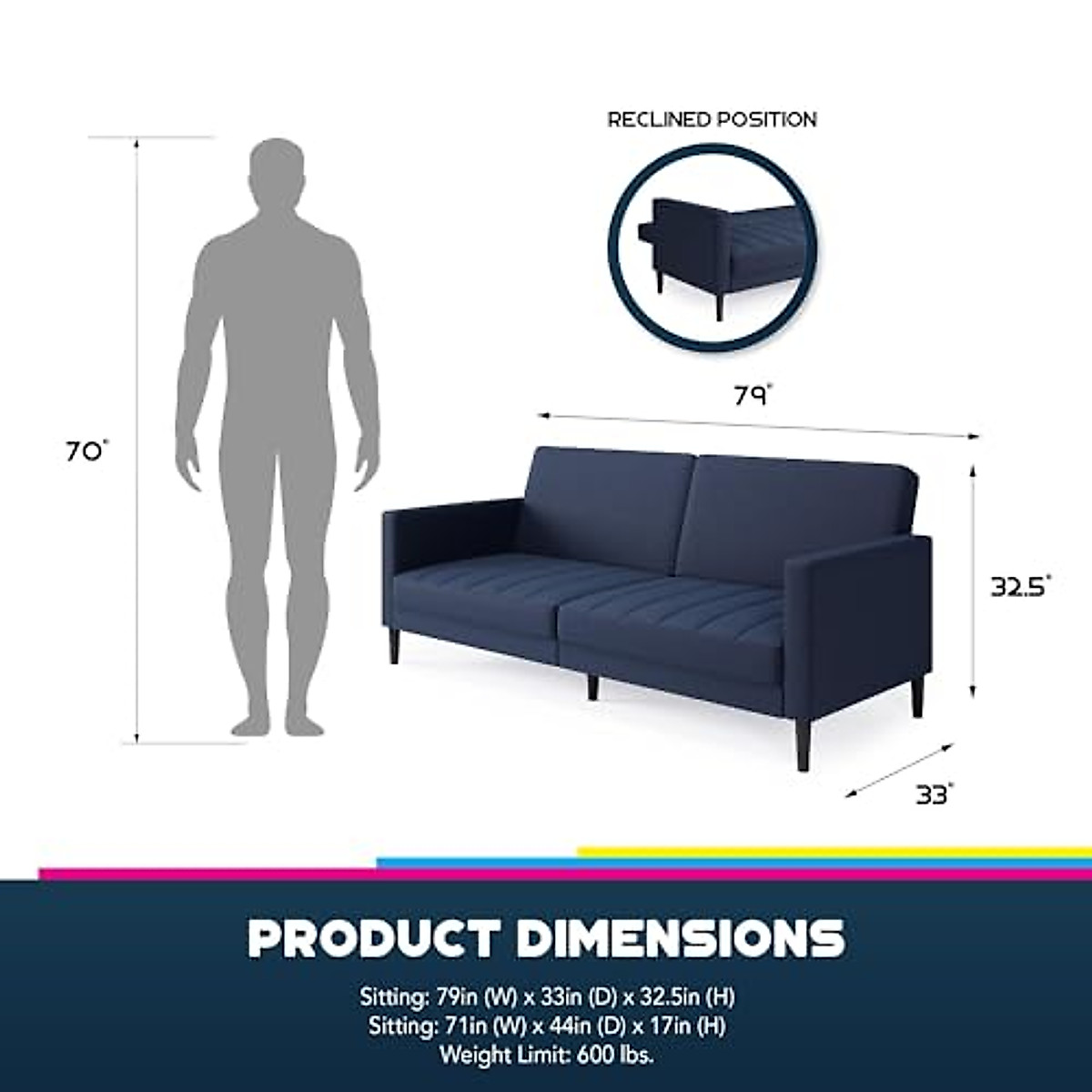 DHP Farnsworth 79 Inch Futon Sofa Bed, Upholstered Couch Sleeper with Tufted Seat, Mid-Century Modern, Navy