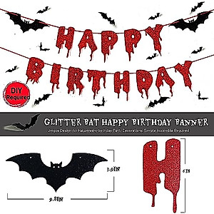 Red Glittery Happy Birthday Halloween Banner Black Foil Curtains Backdrop 3D Bat Sticker and Latex Balloons Confetti Balloon for Birthday Party Decorations Scary Party Supplies