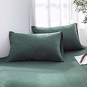 LIFETOWN Dark Green Fitted Sheet Deep Pocket, Jersey Knit Cotton Sheet Queen Fitted Sheet with 2 Pillowcases, Wrinkle and Shrinkage Resistant