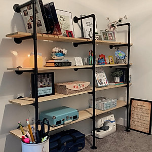 HITOMEN Industrial Iron Pipe Shelves, 2 Set 5-Tier, 70" Tall, 12" Depth, DIY Open Bookshelf Bookcase, Wall Mounted Vintage Retro Shelving, Rustic Farmhouse Pantry Kitchen Storage, Black Shelf Brackets